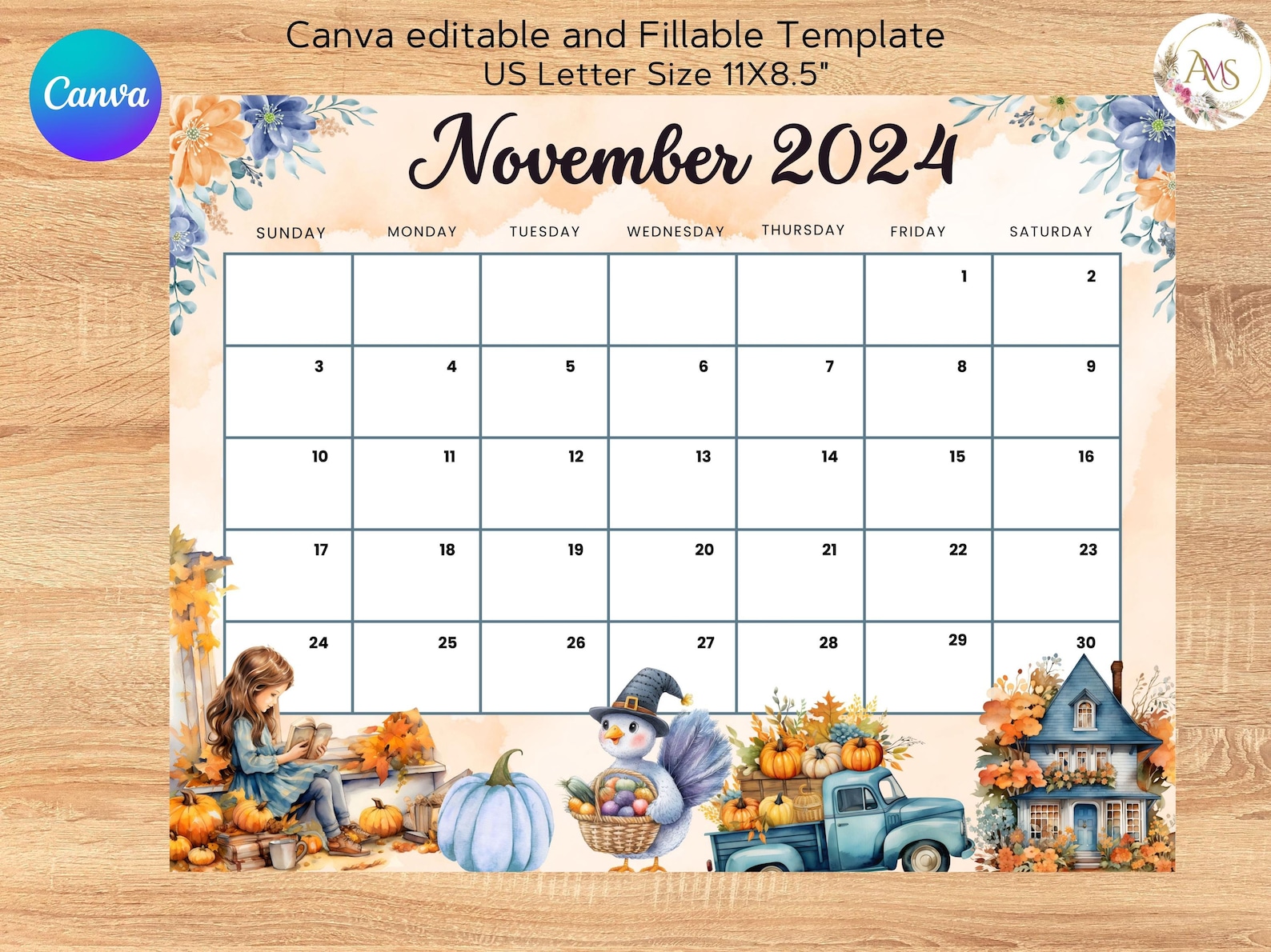 EDITABLE November 2024 Calendar, Happy Thanksgiving Beautiful Planner ...