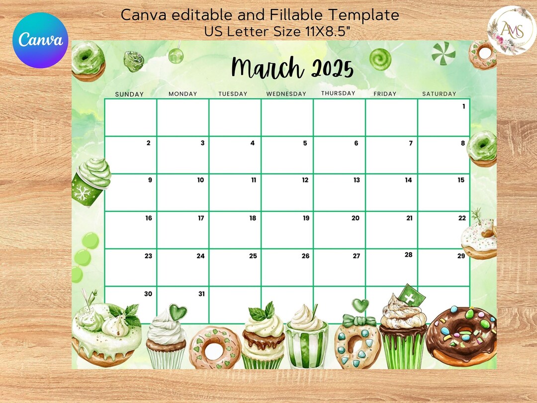 Editable March 2025 Calendar St. Patrick's Day With Cute Drinks & Desserts, Printable Kids ...