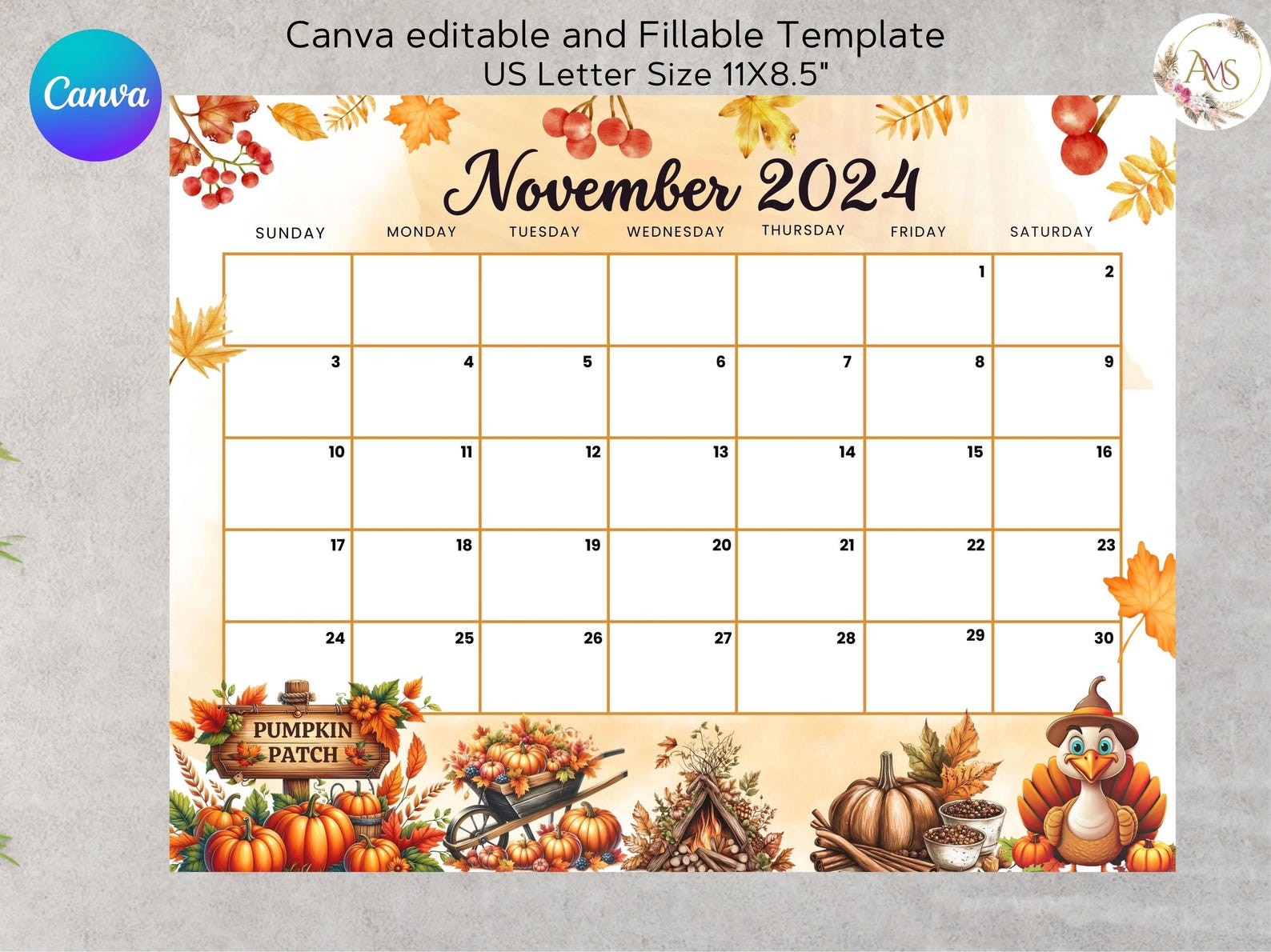 EDITABLE November 2024 Calendar, Happy Thanksgiving Planner With ...