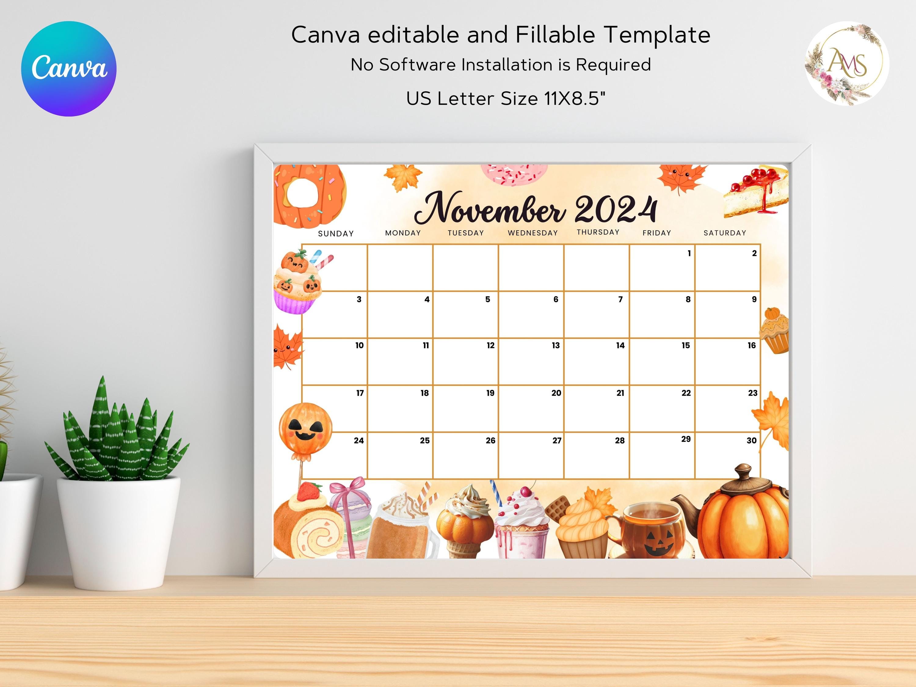 EDITABLE November 2024 Calendar, Happy Thanksgiving Planner, Sweet ...