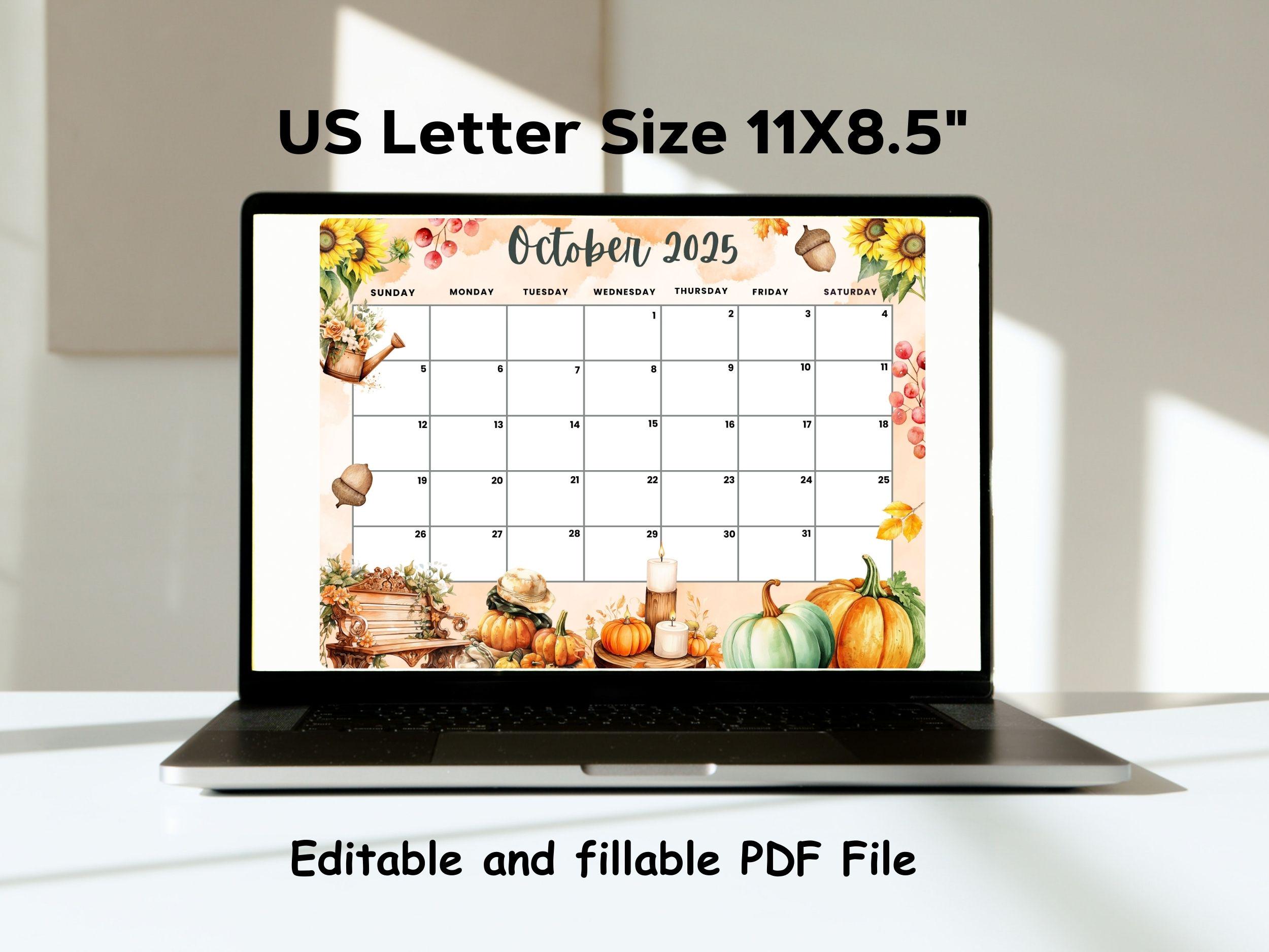 Editable October 2025 Calendar, Autumn Fall Theme Monthly Printable ...