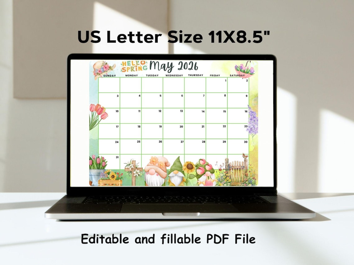May 2026 Calendar, Spring Flowers, Cute Gnomes (printable, Editable PDF ...