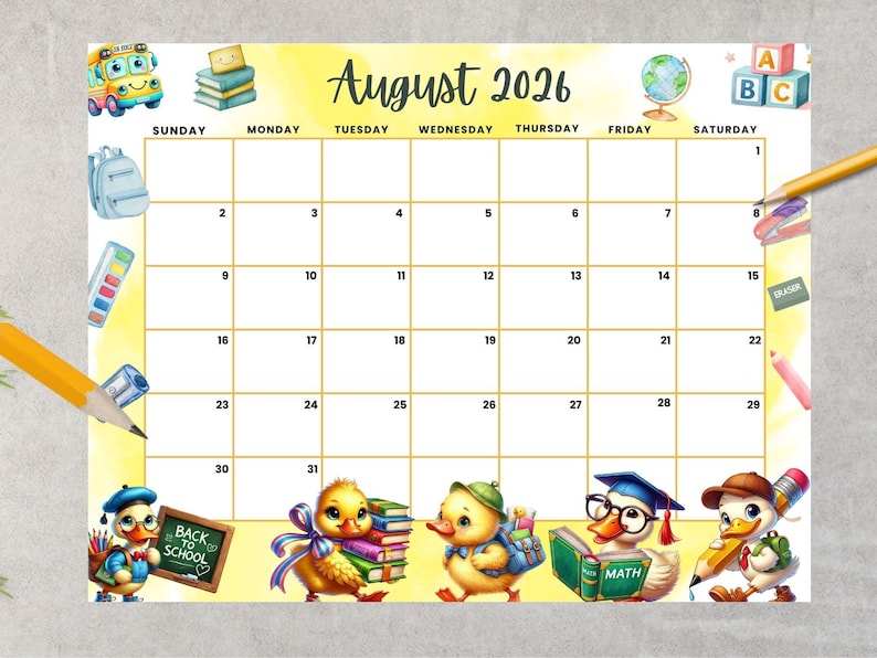 Editable August 2026 Calendar, Cute Summer Calendar, Back to School ...