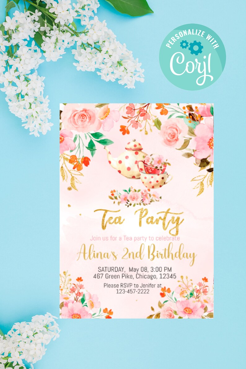 Editable Tea Birthday Invitation Girl Tea Party Invite Pink Gold Floral ...