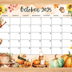 Editable October 2025 Calendar, Autumn Fall Theme Monthly Printable ...