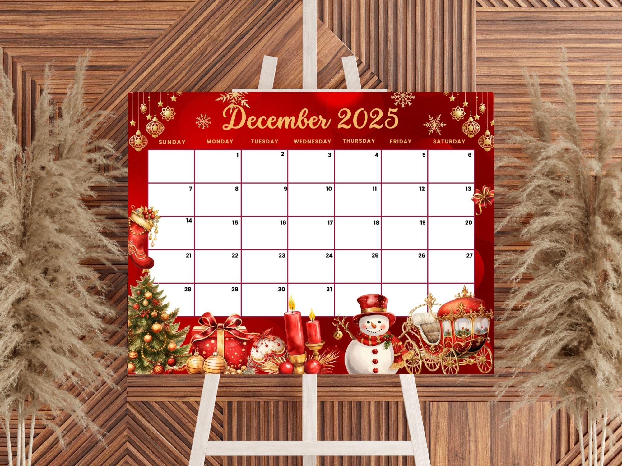 EDITABLE December 2025 Red Golden Christmas Calendar With Snowman, Tree ...
