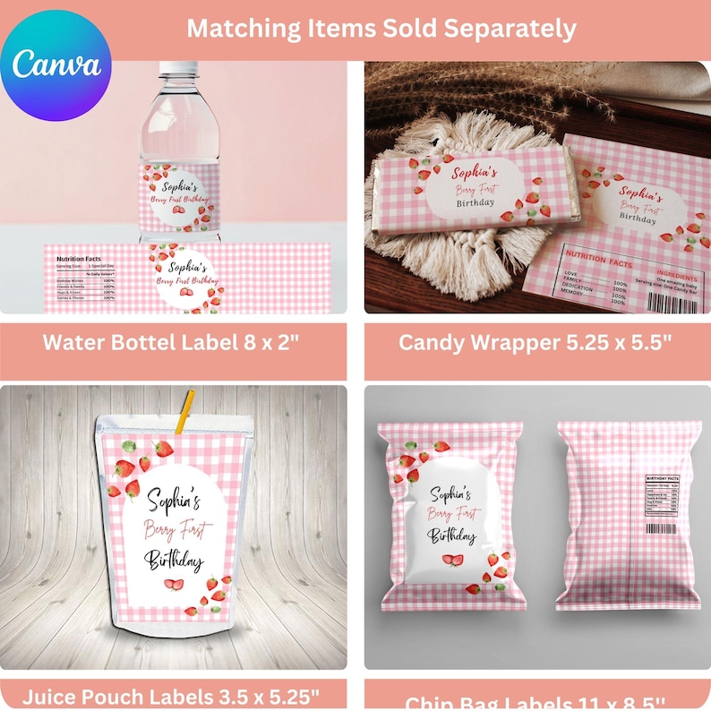 Editable Pink Gingham Berry First Food Labels, Berry Sweet 1st Birthday ...