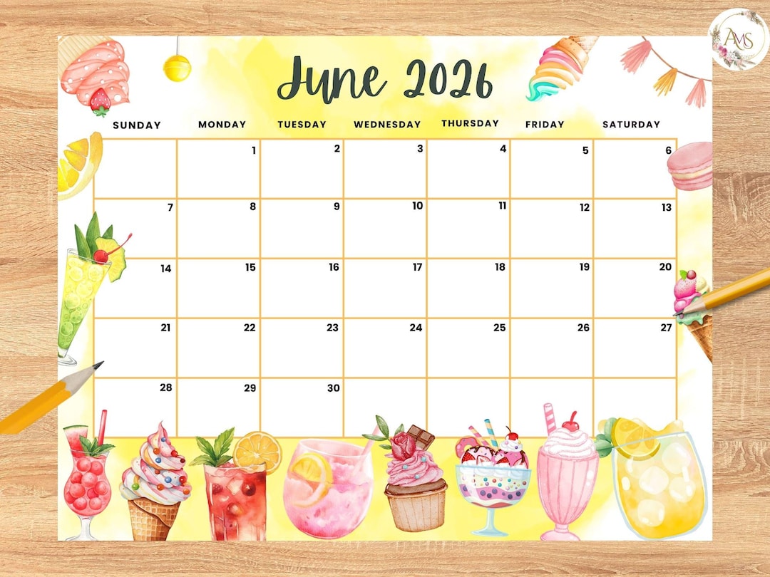 Editable June 2026 Calendar Cute Colorful Summer Planner With Drinks