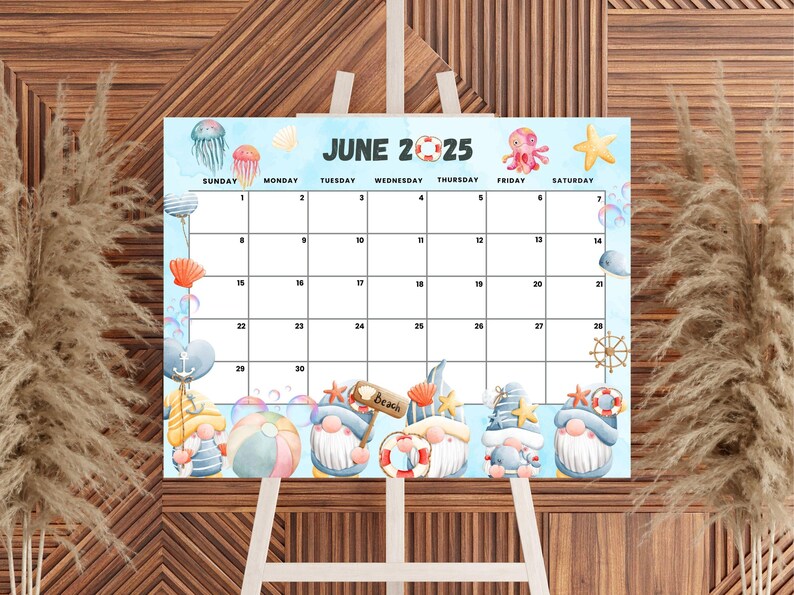 Editable June 2025 Calendar, Nautical Beach Gnome Theme Ocean Summer ...