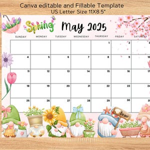 Editable May 2025 Calendar,spring Flowers With Cute Gnomes Planner ...