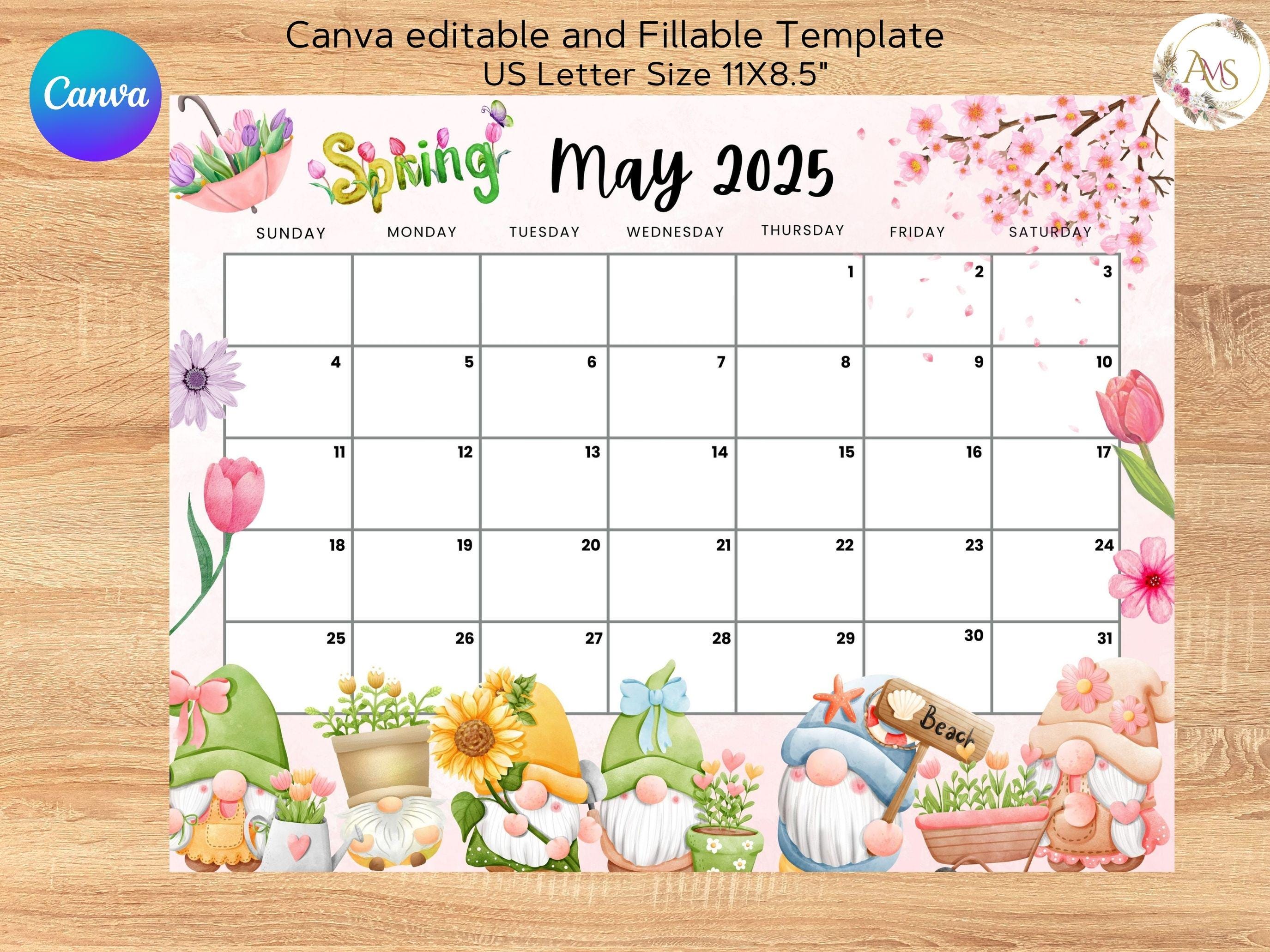 Editable May 2025 Calendar,spring Flowers With Cute Gnomes Planner ...