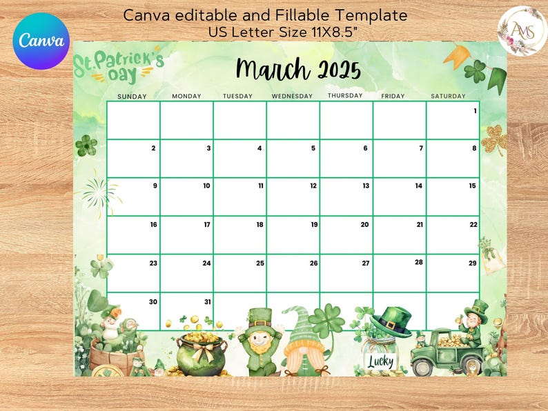 EDITABLE Fillable March 2025 Calendar, St. Patrick's Day Cute Gnome ...