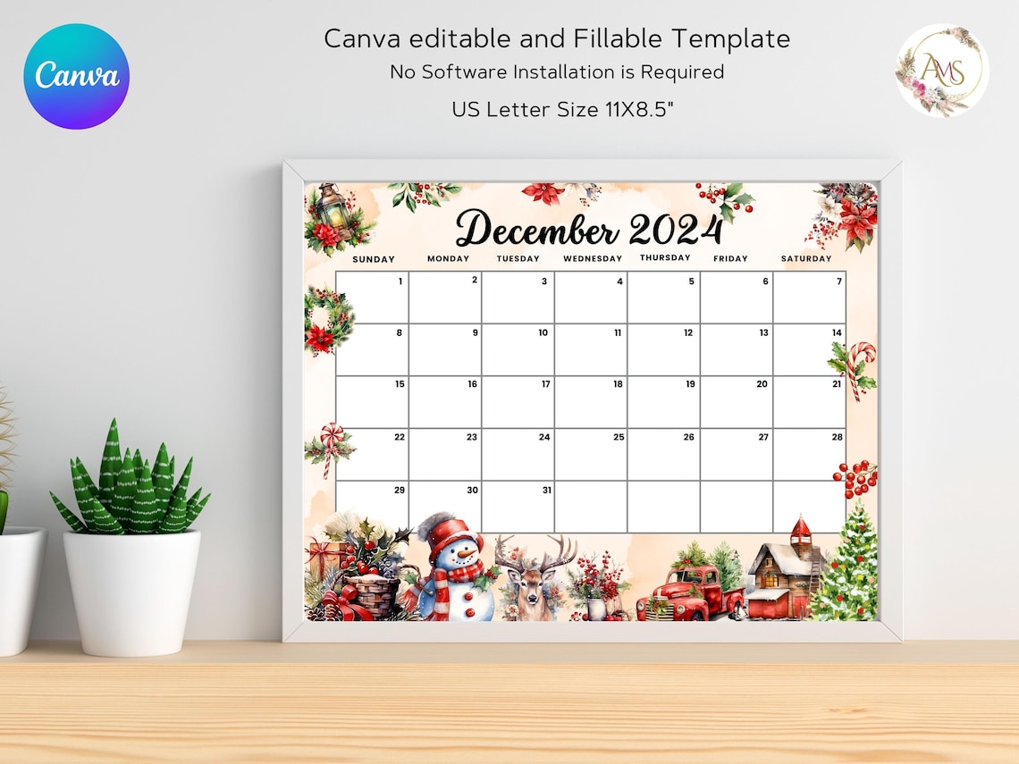 EDITABLE December 2024 Christmas Theme Calendar With Snowman, Christmas ...