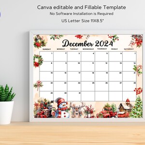 EDITABLE December 2024 Christmas Theme Calendar With Snowman, Christmas ...