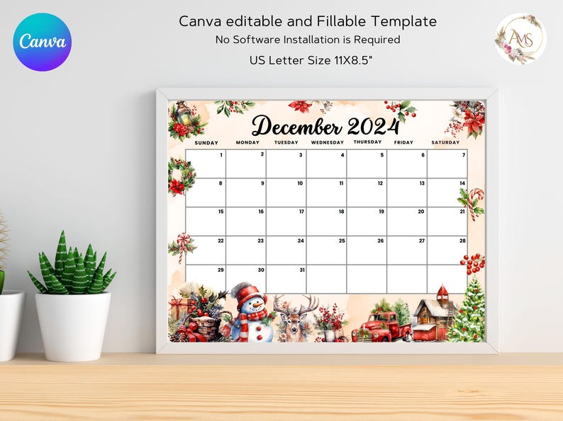 EDITABLE December 2024 Christmas Theme Calendar With Snowman, Christmas ...