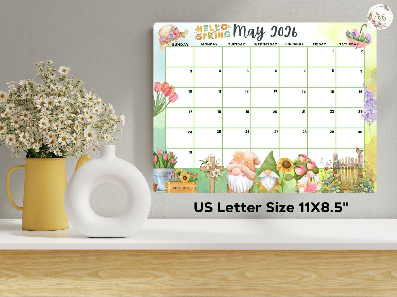 May 2026 Calendar, Spring Flowers, Cute Gnomes (printable, Editable PDF ...
