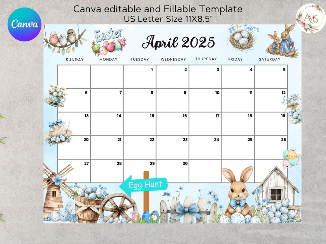 April 2025 Calendar, Happy Easter With Cute Bunny, Printable Planner ...