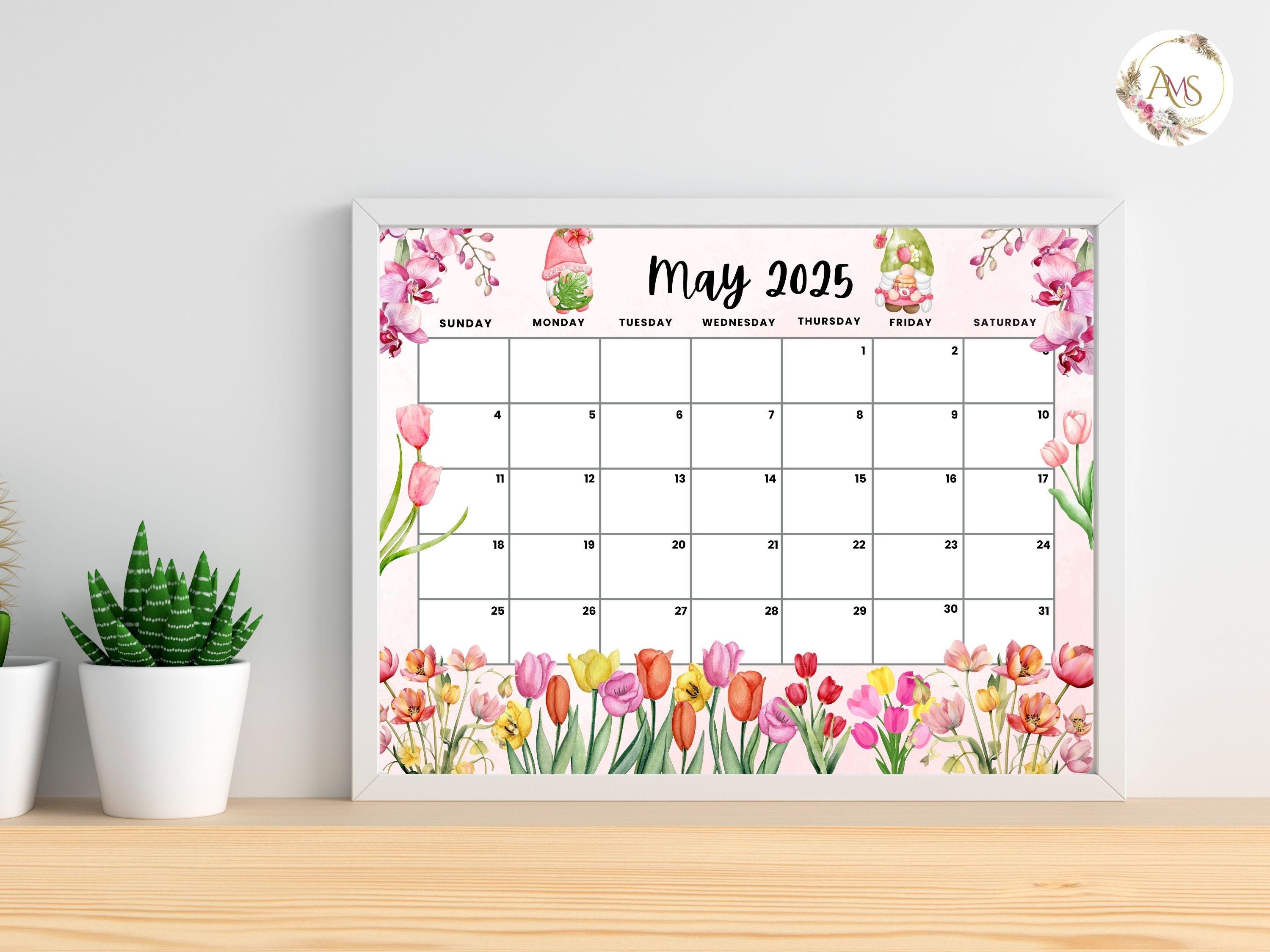 Editable May 2025 Calendar, Hello Spring Tulip Flowers Planner ...