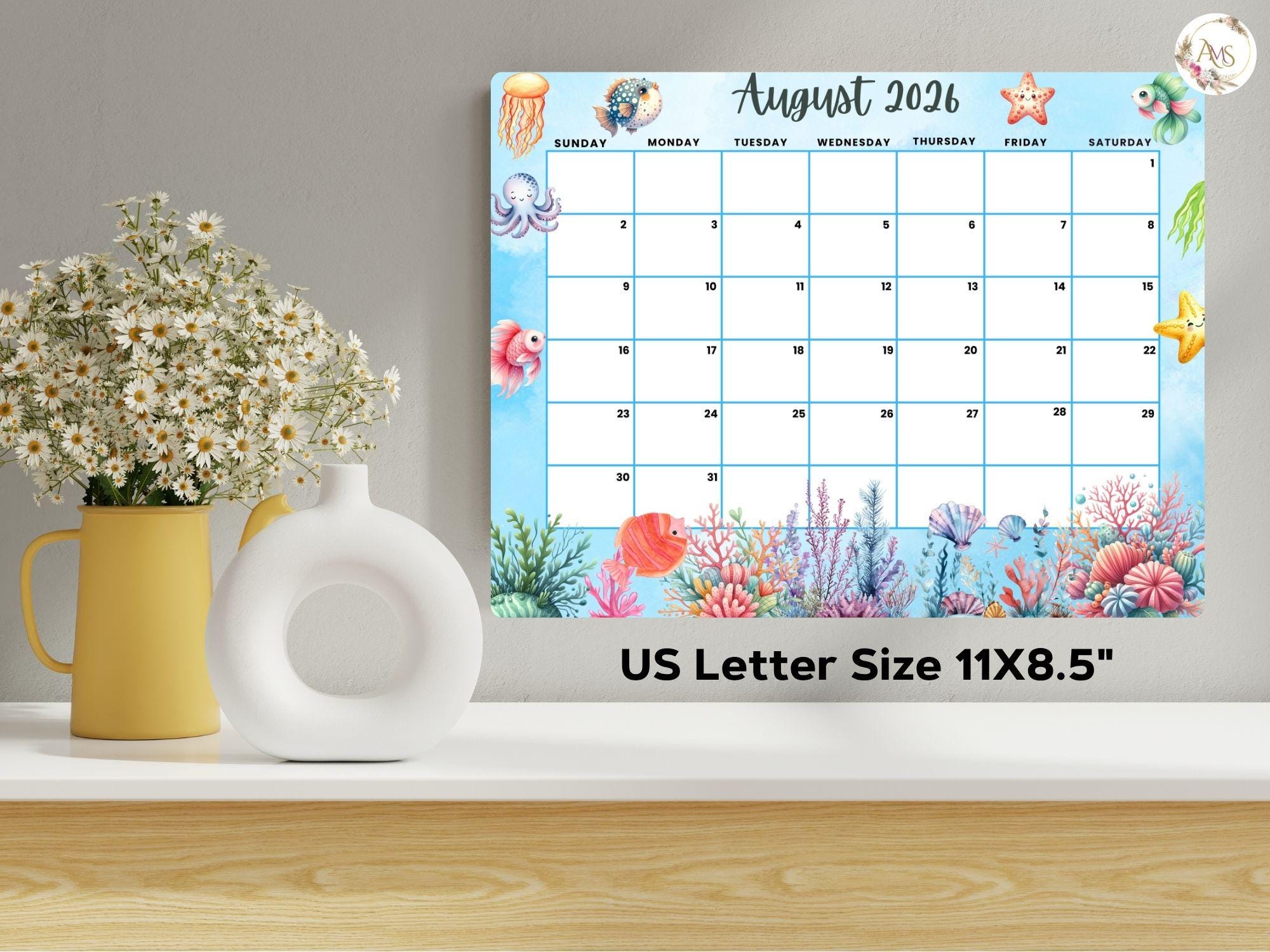 August 2026 Calendar, Cute Ocean Creatures Planner (editable, Printable ...