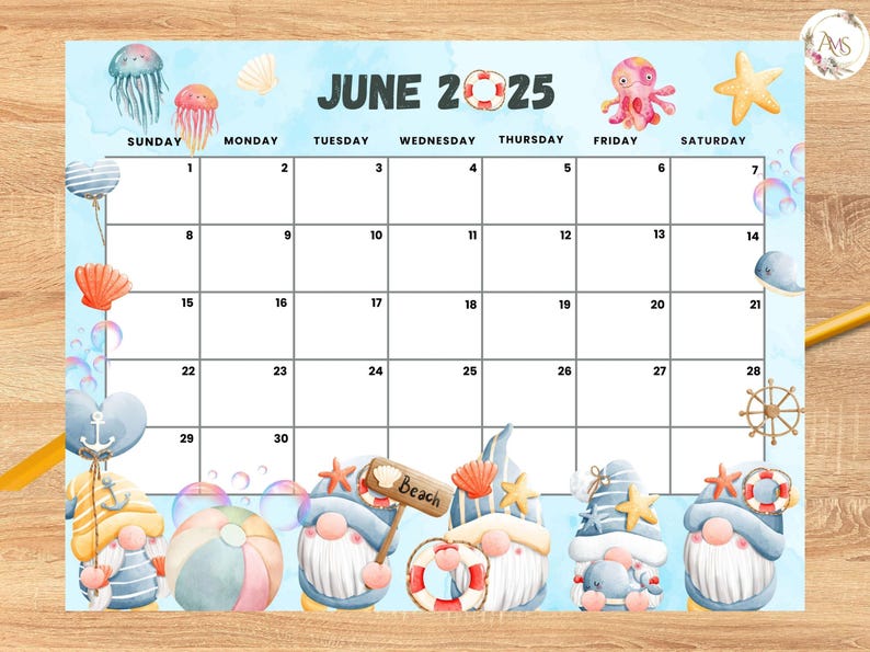 Editable June 2025 Calendar, Nautical Beach Gnome Theme Ocean Summer ...