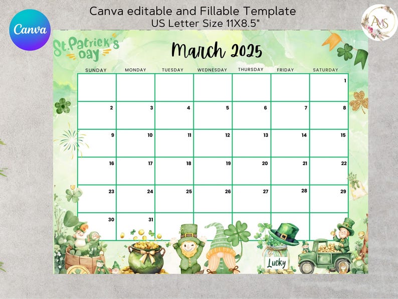 EDITABLE Fillable March 2025 Calendar, St. Patrick's Day Cute Gnome ...
