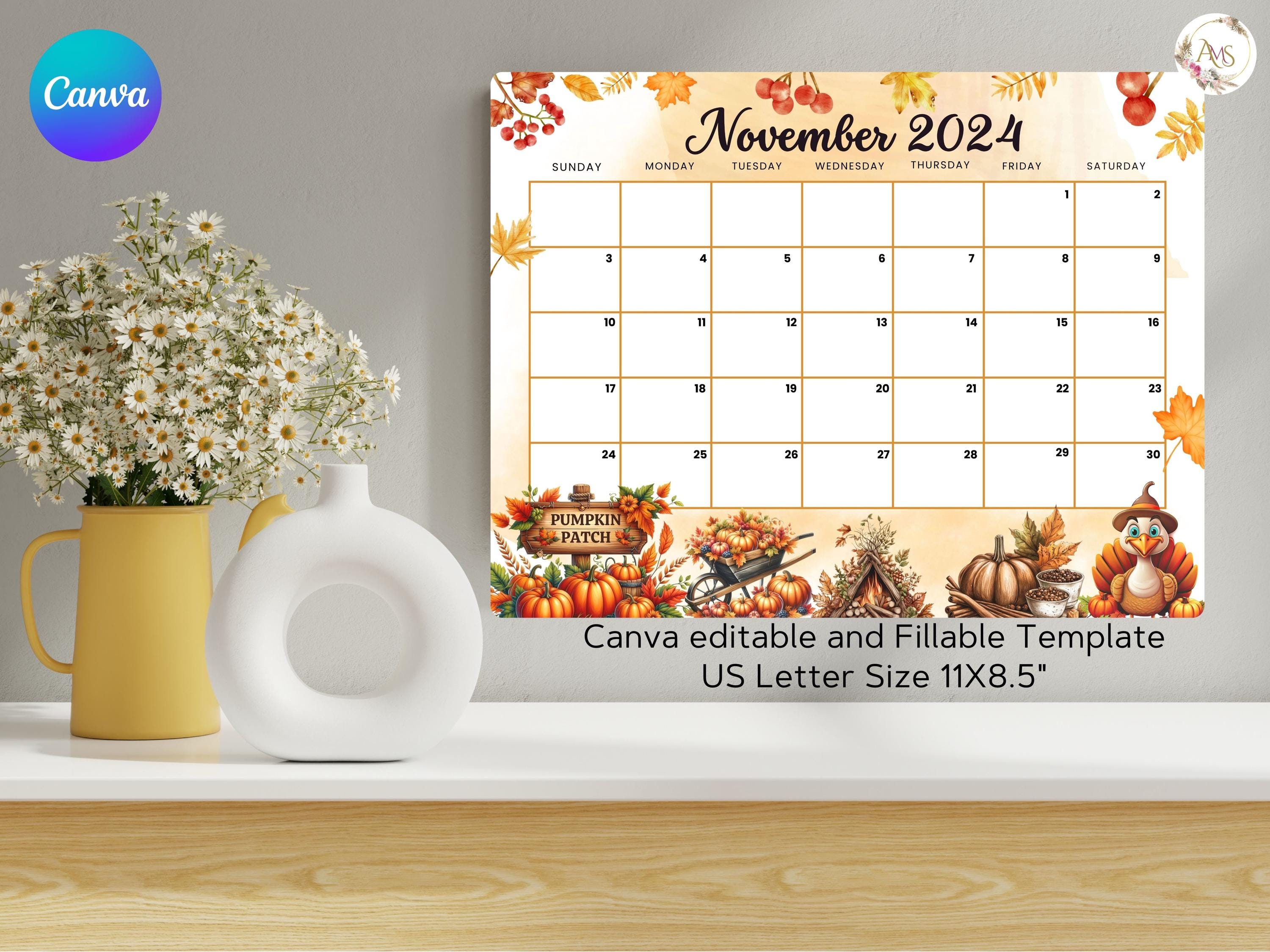 EDITABLE November 2024 Calendar, Happy Thanksgiving Planner With ...