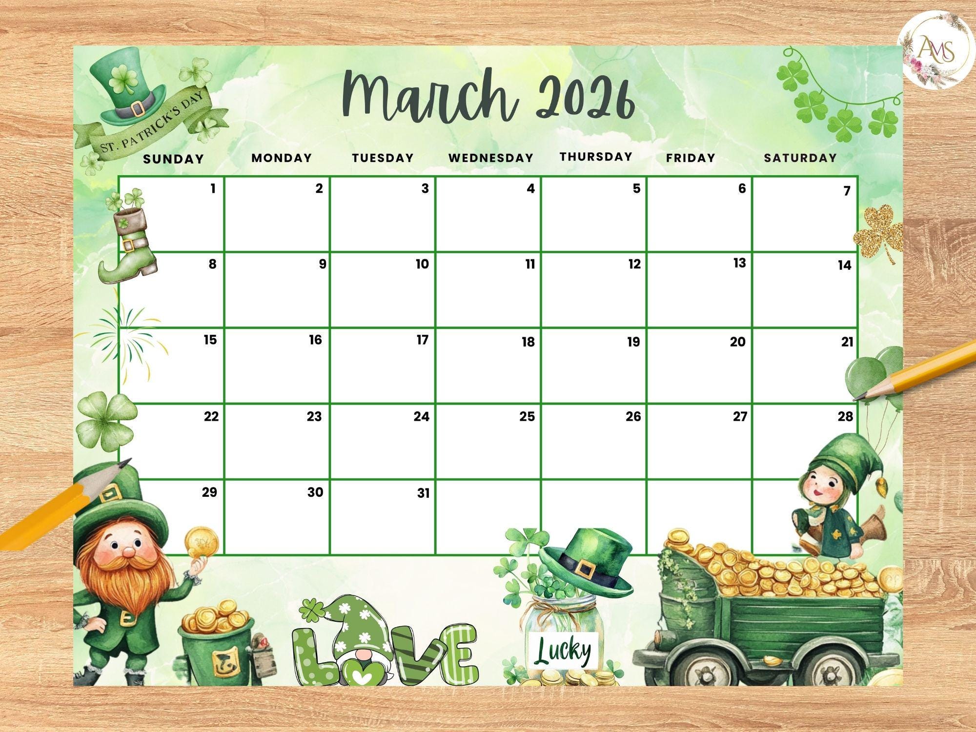 March 2026 Calendar, St. Patrick's Planner, Printable Monthly Schedule ...