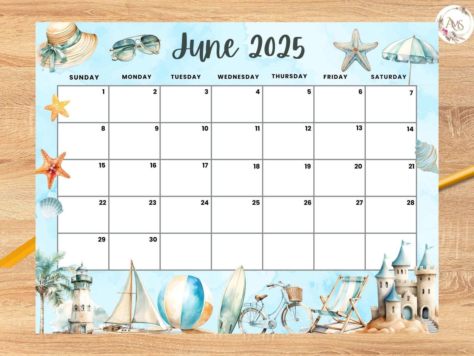 Editable June 2025 Calendar, Nautical Beach Theme Ocean Summer Planner ...