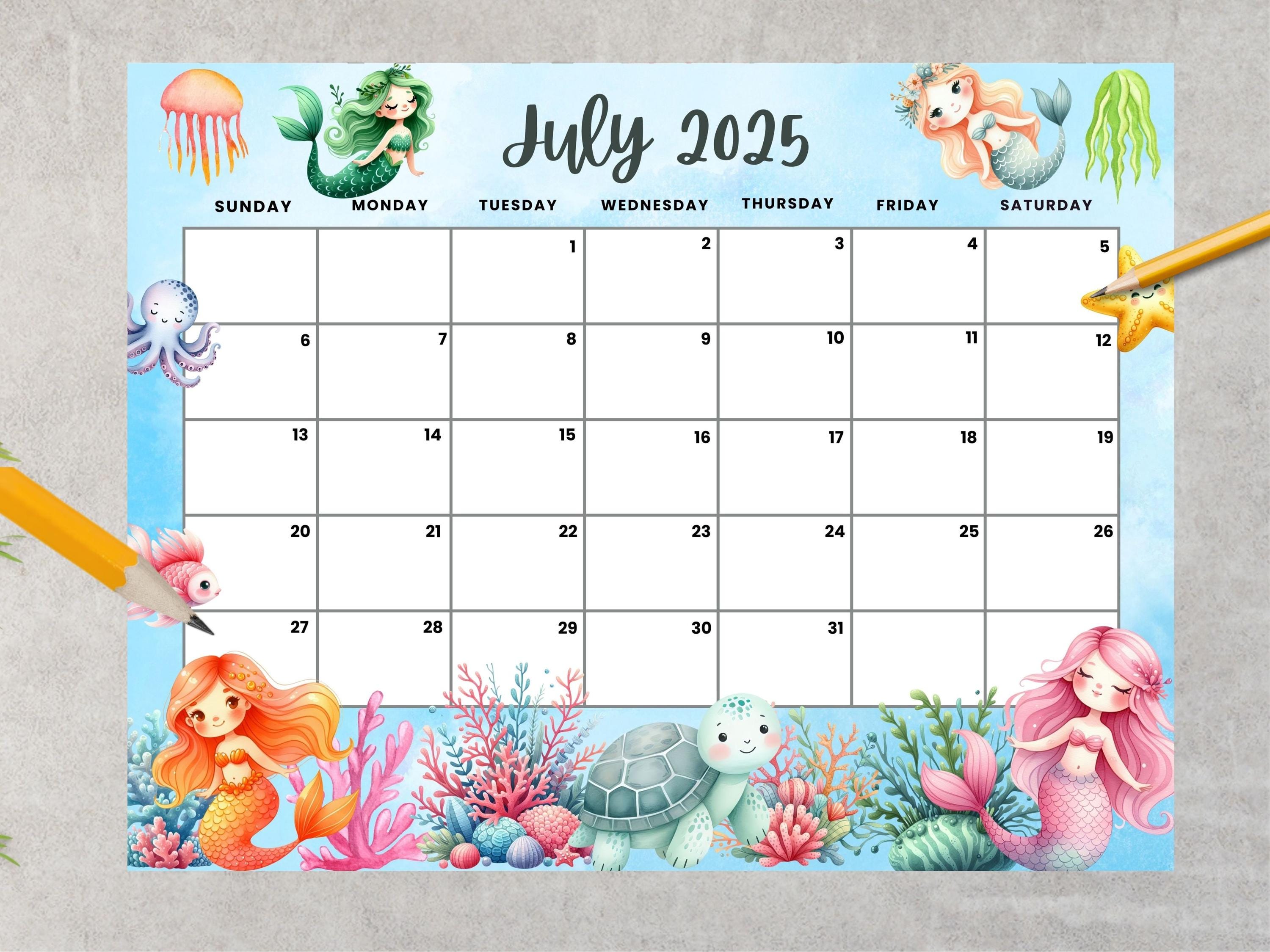 Editable July 2025 Calendar, Amazing Summer With Charming Mermaids ...