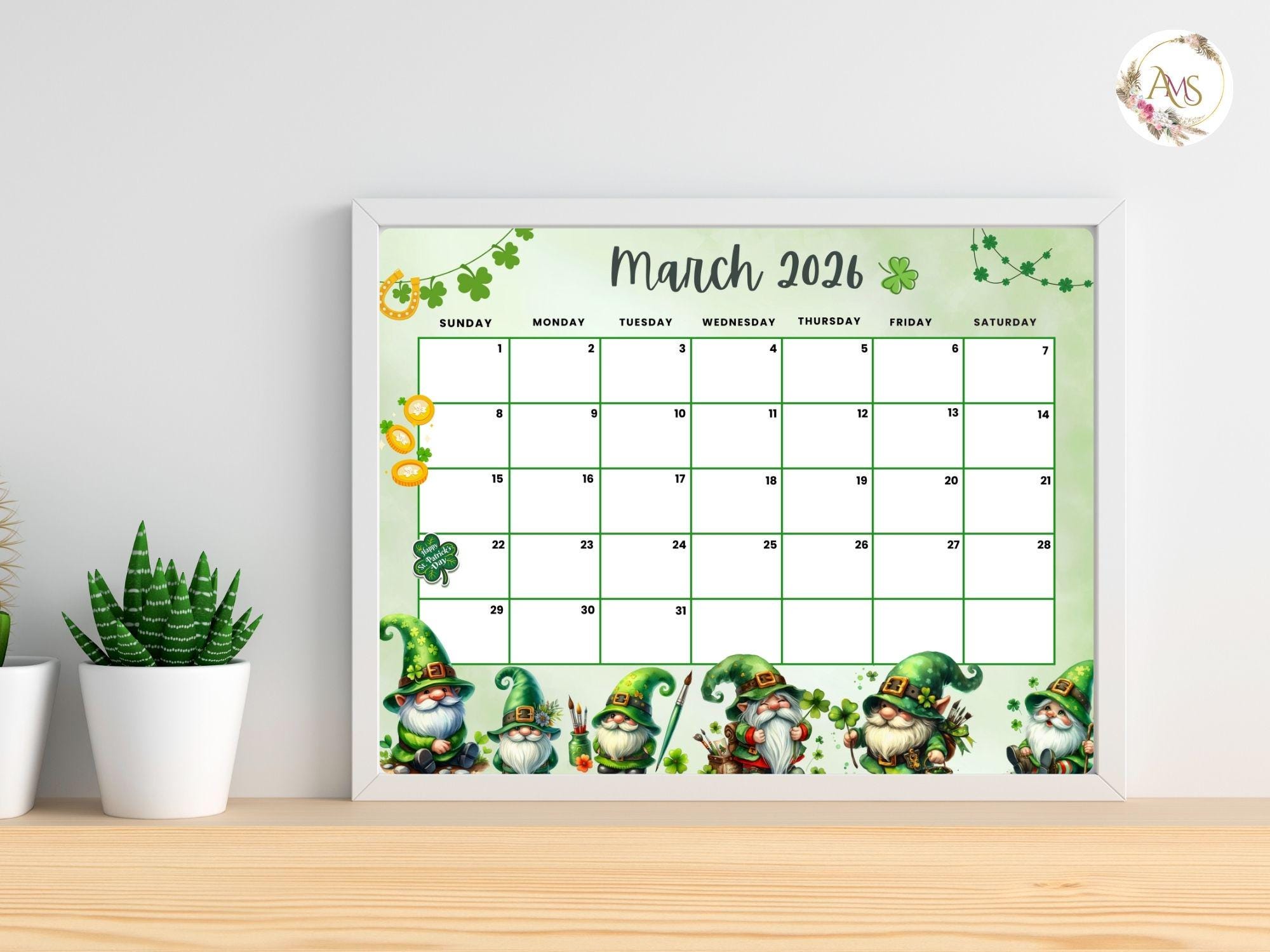 March 2026 Calendar, St. Patrick's Day Gnome Planner,printable Monthly ...