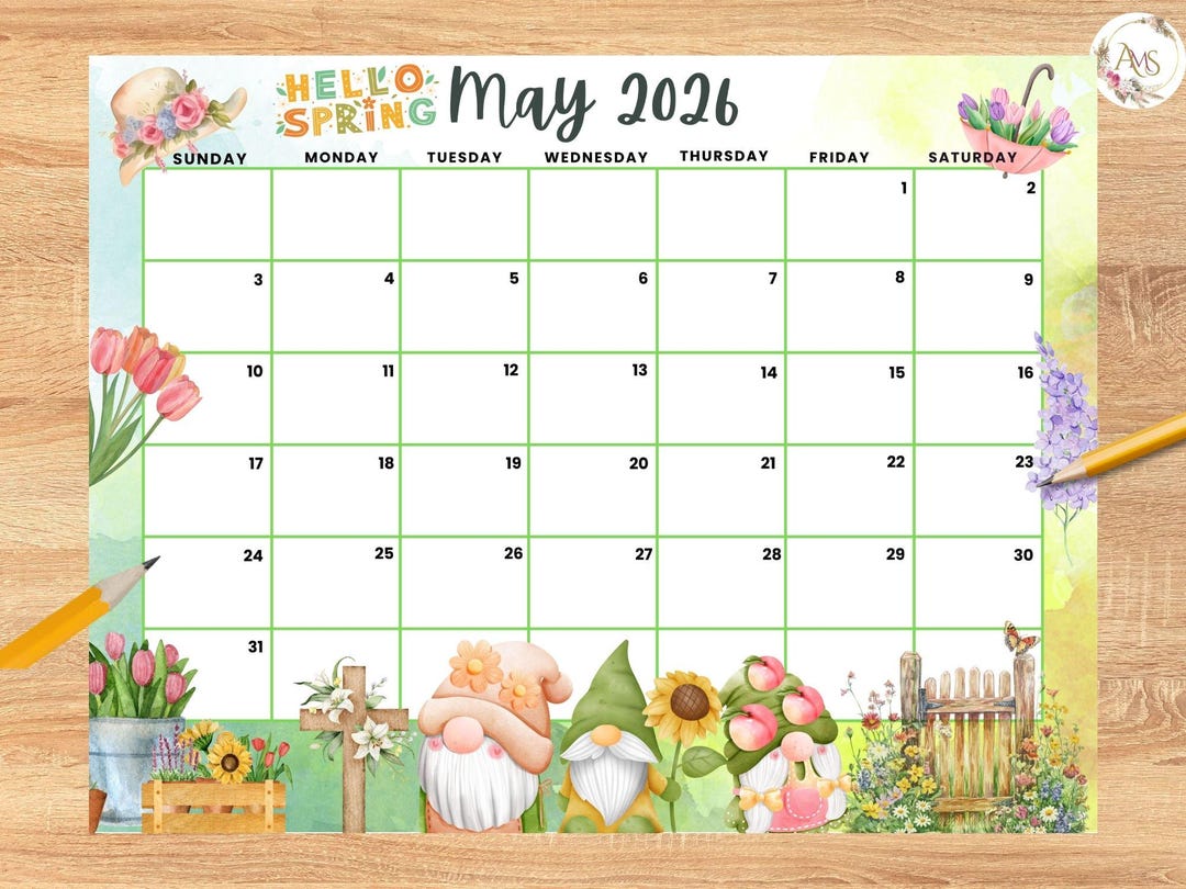 May 2026 Calendar, Spring Flowers, Cute Gnomes (printable, Editable PDF ...