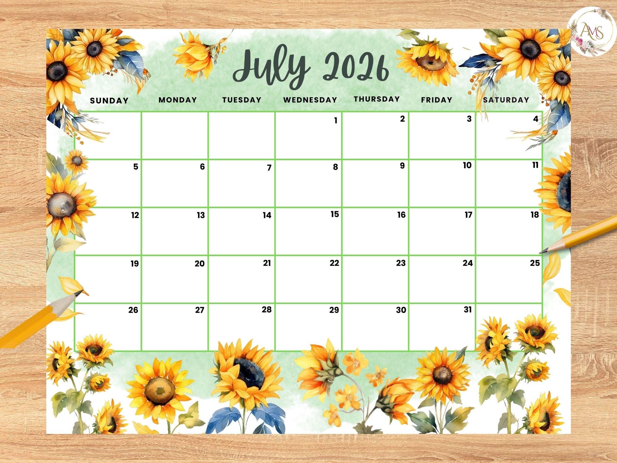 Editable July 2026 Calendar Beautiful Sunflower Summer Planner