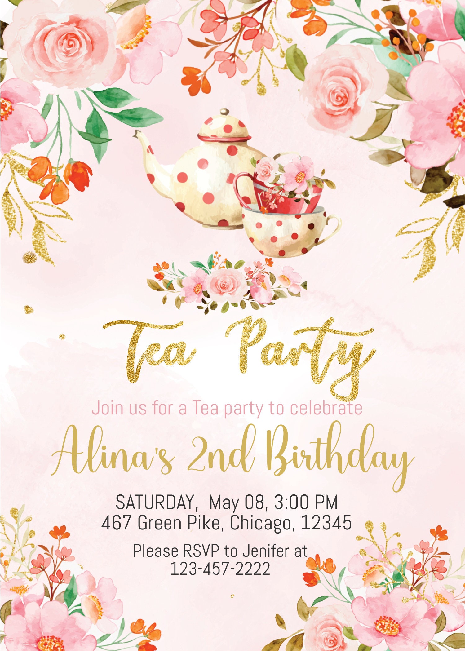 Editable Tea Birthday Invitation Girl Tea Party Invite Pink Gold Floral ...