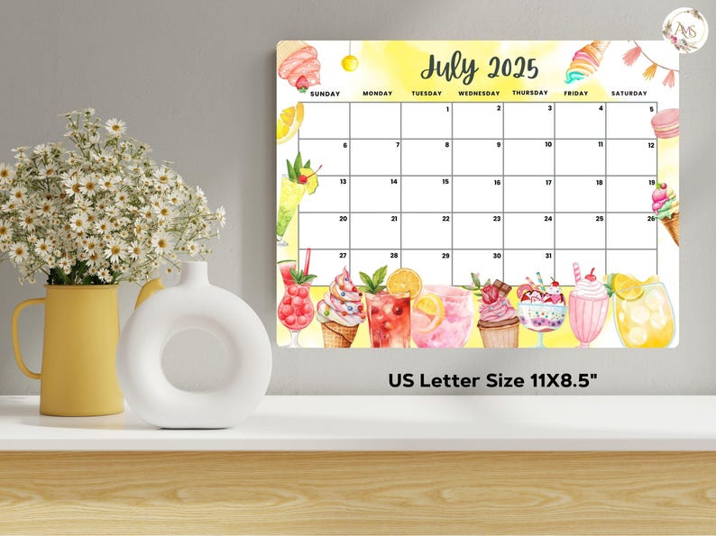Editable July 2025 Calendar, Cute Colorful Summer Planner With Drinks ...
