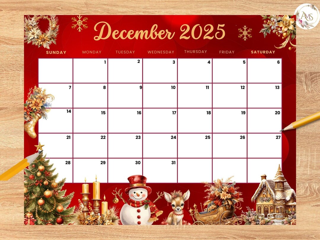 EDITABLE December 2025 Red Golden Christmas Calendar With Snowman, Tree ...