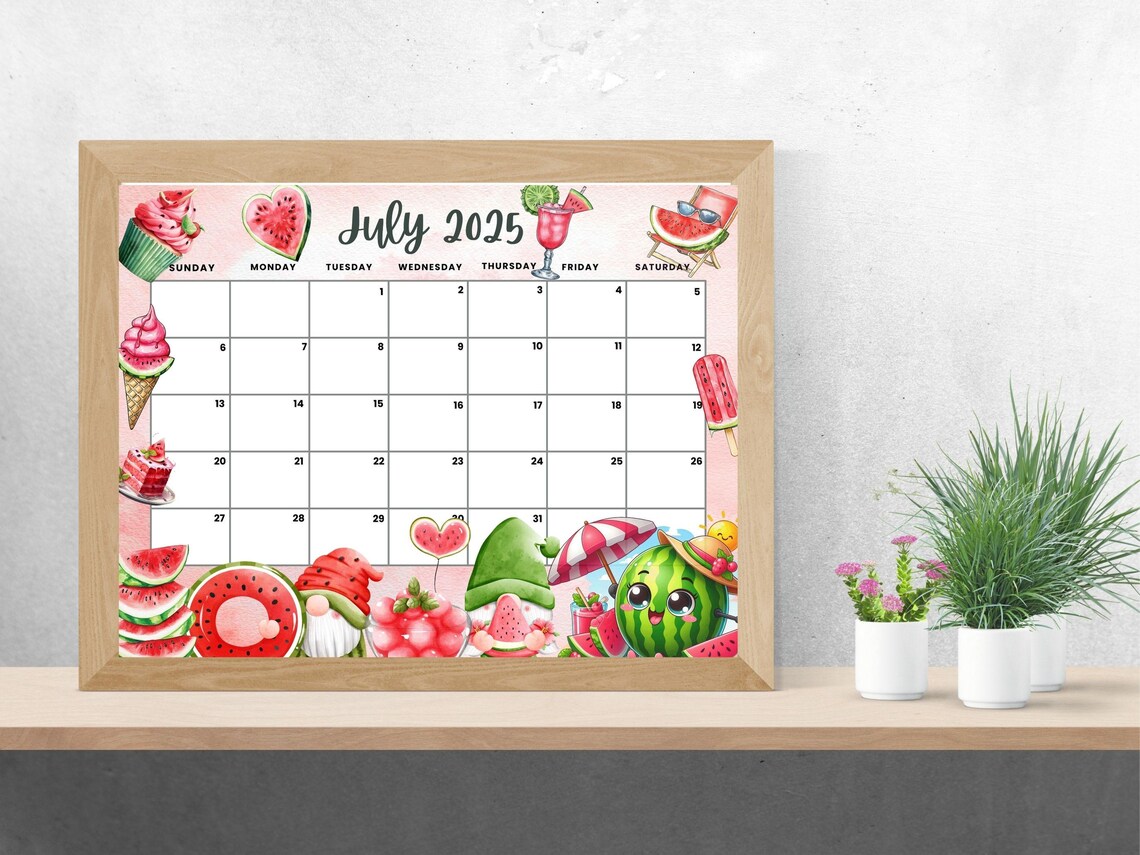 Editable July 2025 Calendar, Adorable and Refreshing Watermelon Summer ...