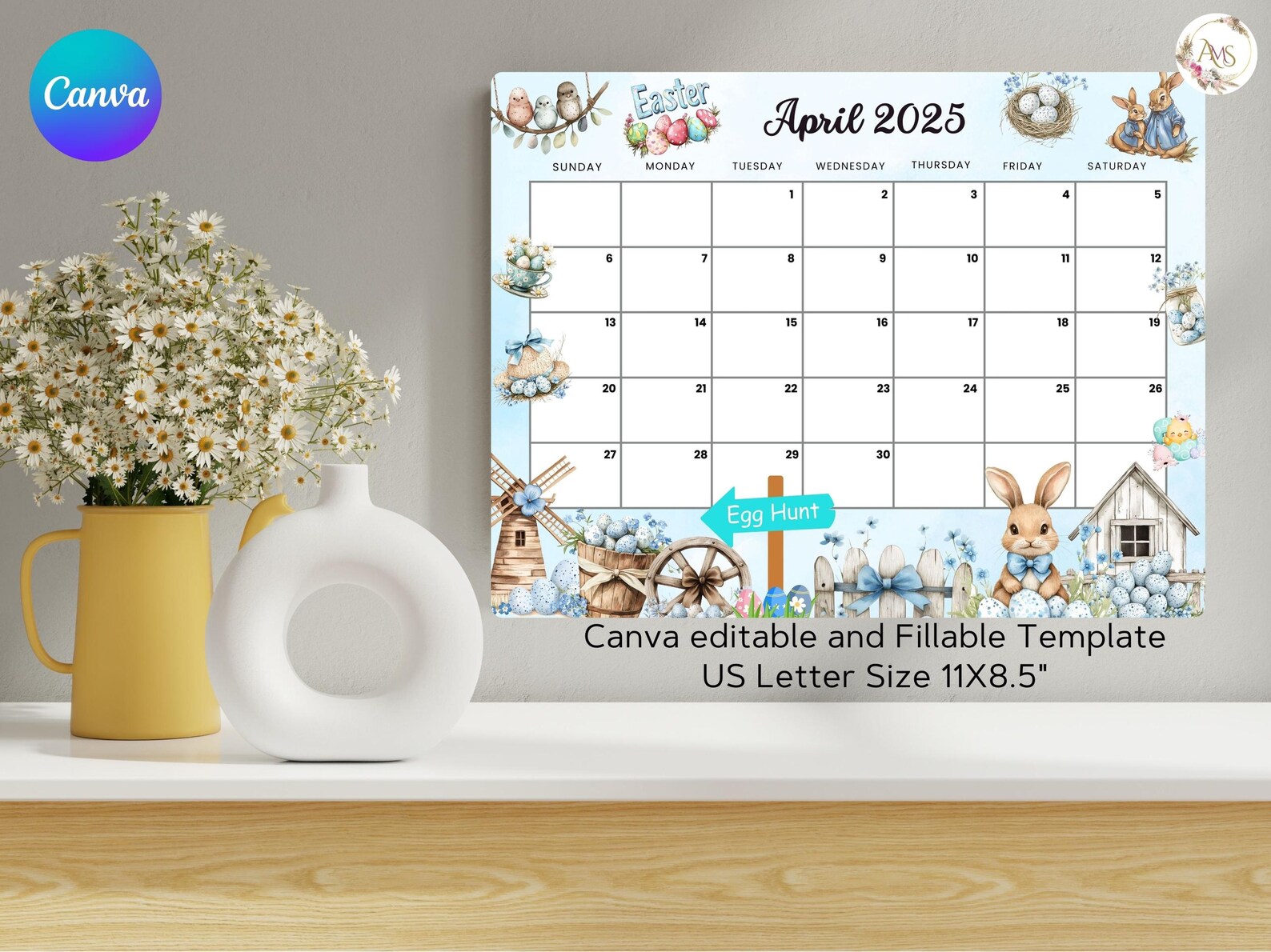 April 2025 Calendar, Happy Easter With Cute Bunny, Printable Planner ...