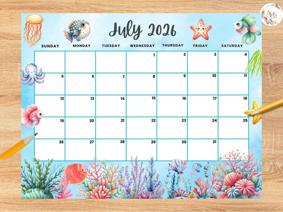 Editable July 2026 Calendar, Cute Summer Planner With Ocean Creatures ...