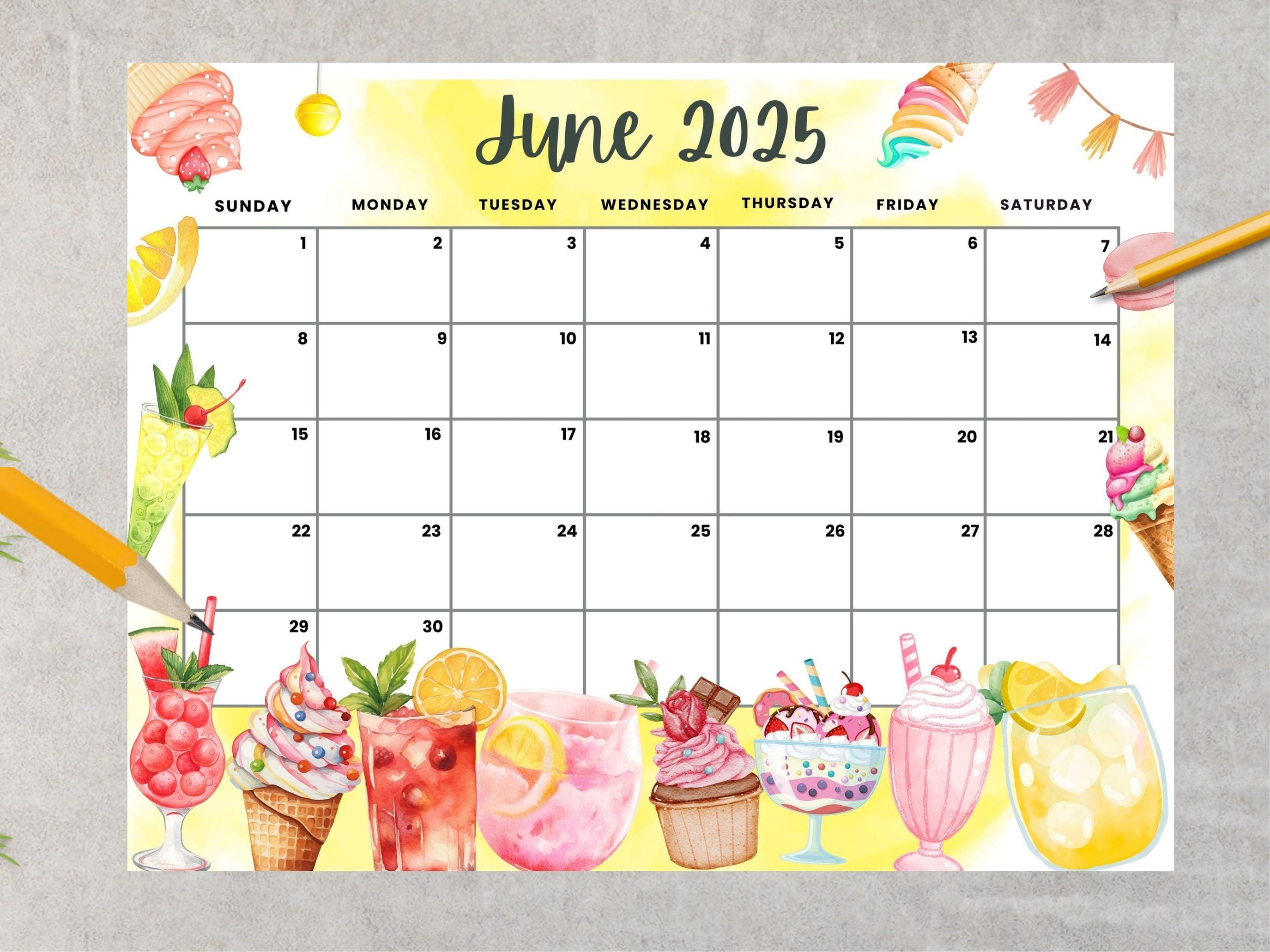 Editable June 2025 Calendar, Cute Colorful Summer Planner With Drinks ...