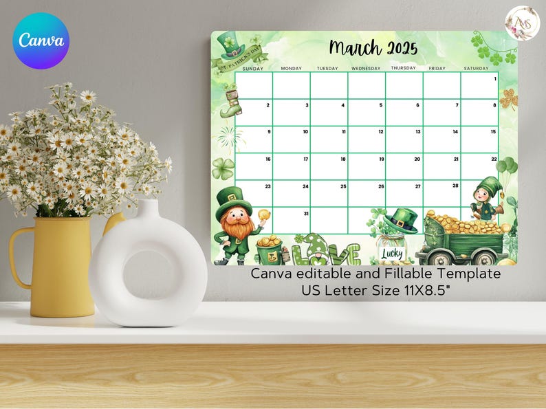 Buy EDITABLE Fillable March 2025 Calendar, St. Patrick's Day Cute Gnome ...
