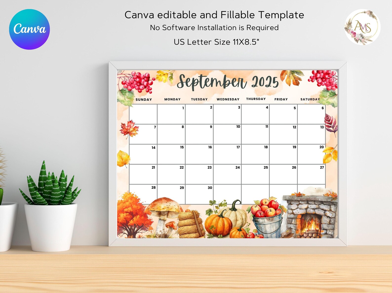 Editable September 2025 Calendar, Autumn Fall Theme Monthly Printable ...