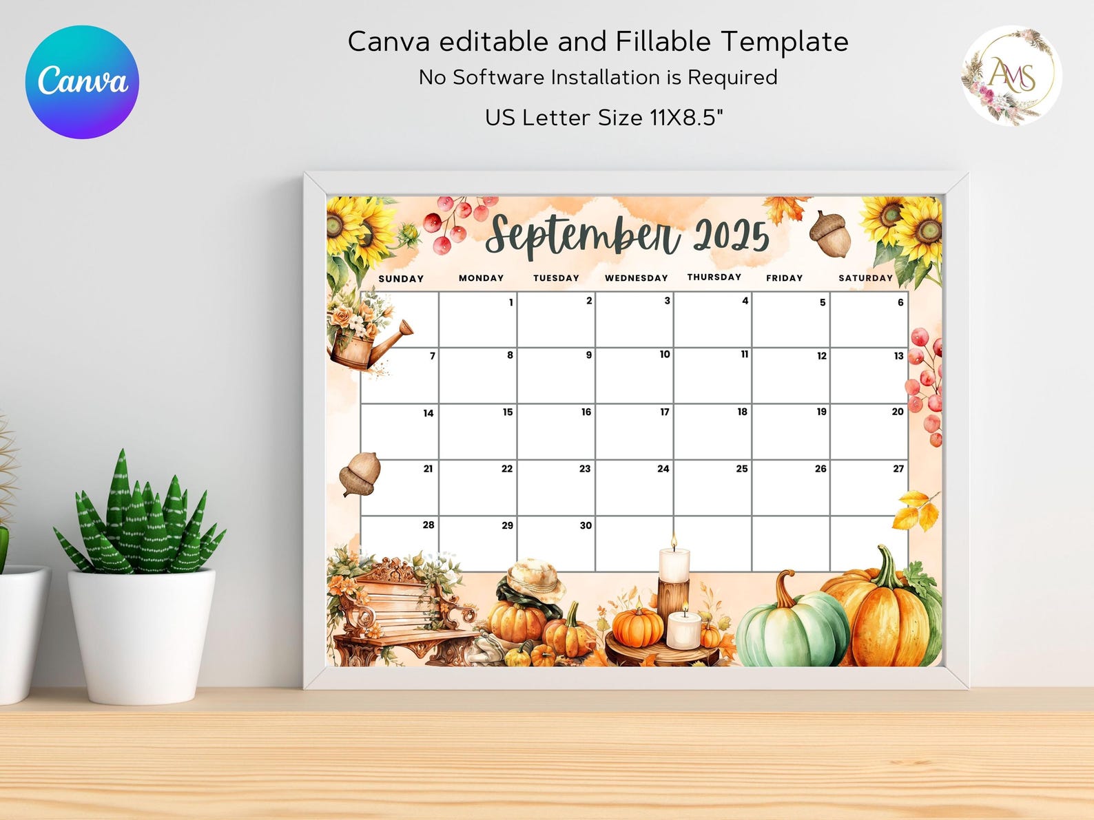 Editable September 2025 Calendar, Autumn Fall Theme Monthly Printable ...