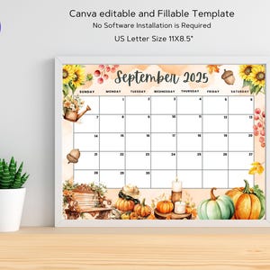 Editable September 2025 Calendar, Autumn Fall Theme Monthly Printable ...