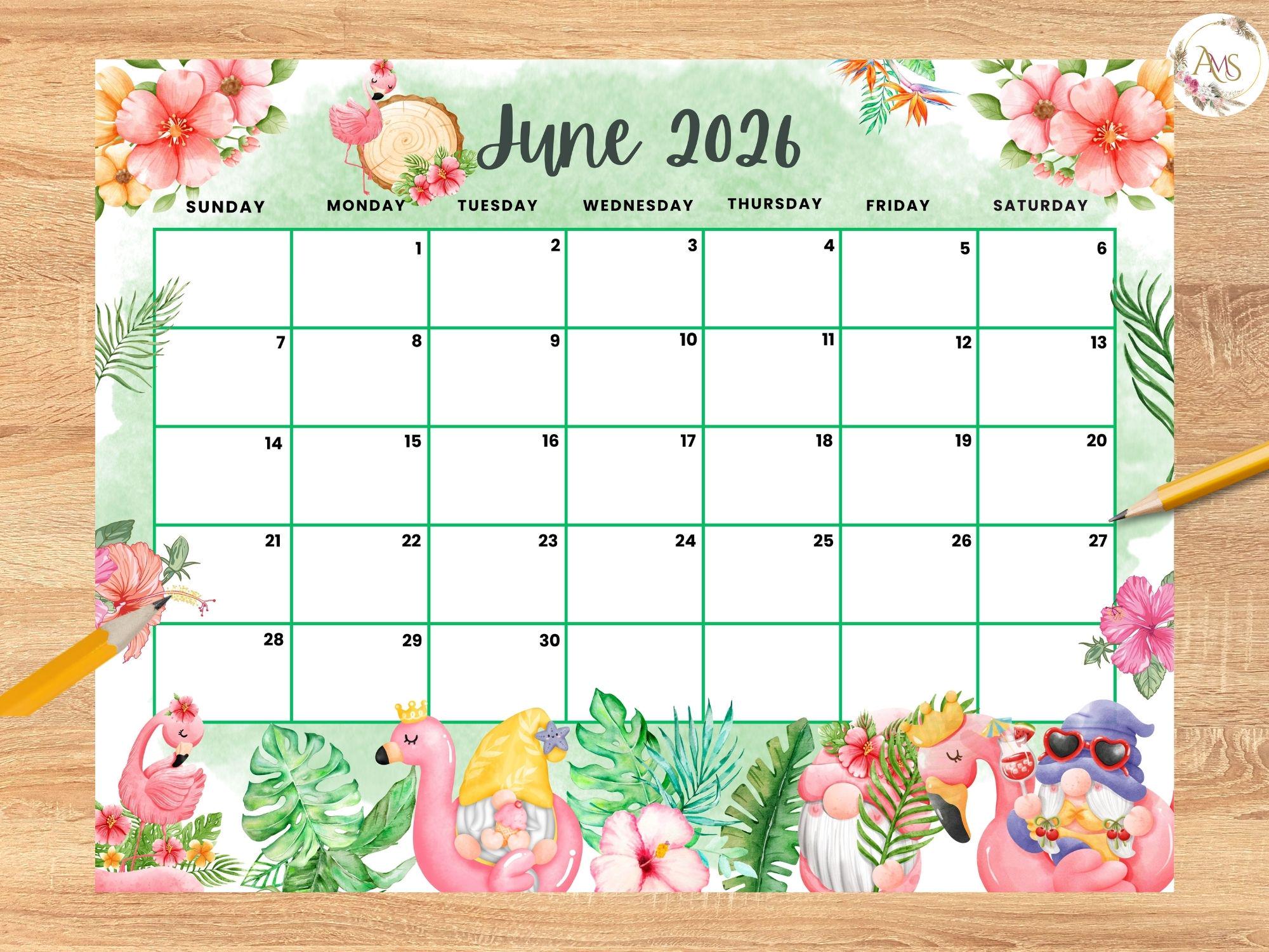 Editable June 2026 Calendar Summer Gnomes Printable Pdf Etsy