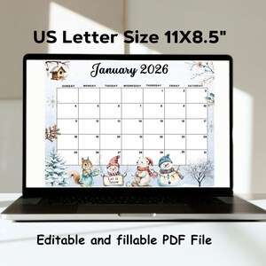 EDITABLE Fillable January 2026 Calendar, Winter Snowman Planner ...