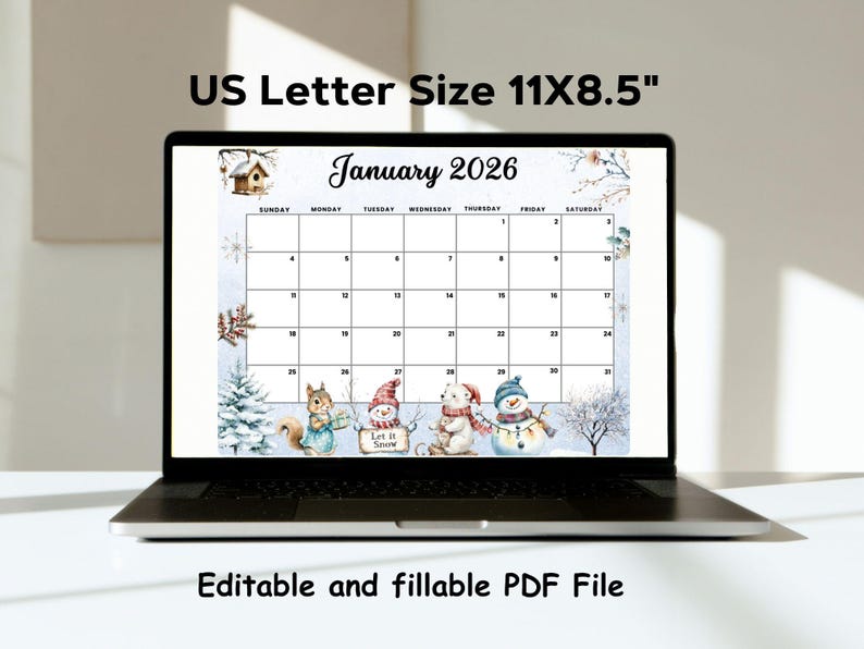 EDITABLE Fillable January 2026 Calendar, Winter Snowman Planner ...