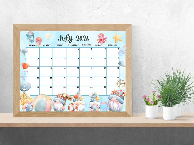 Editable July 2026 Calendar, Nautical Beach Gnome Theme Ocean Summer ...