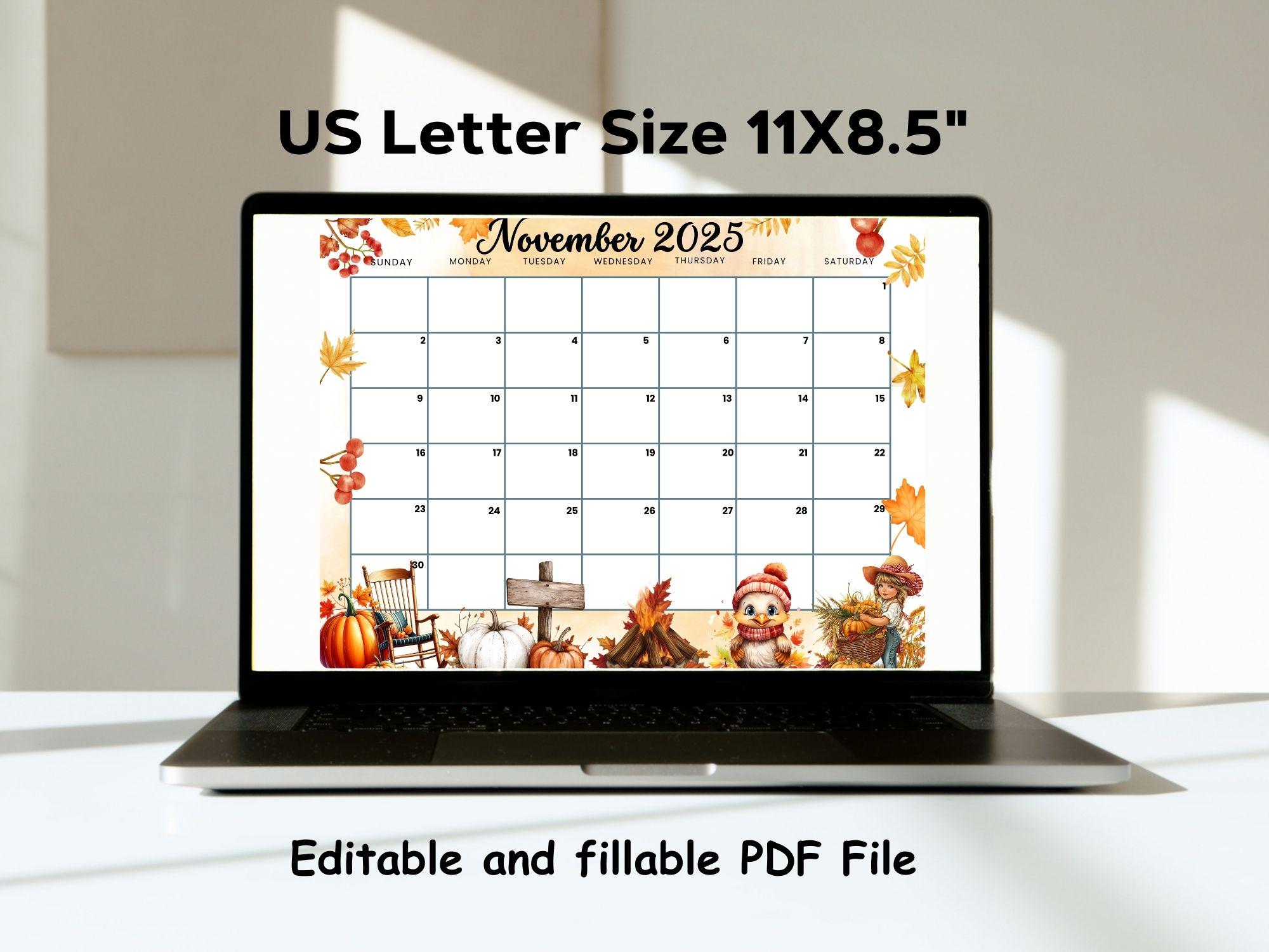 Editable November 2025 Calendar, Thanksgiving Planner (printable PDF ...