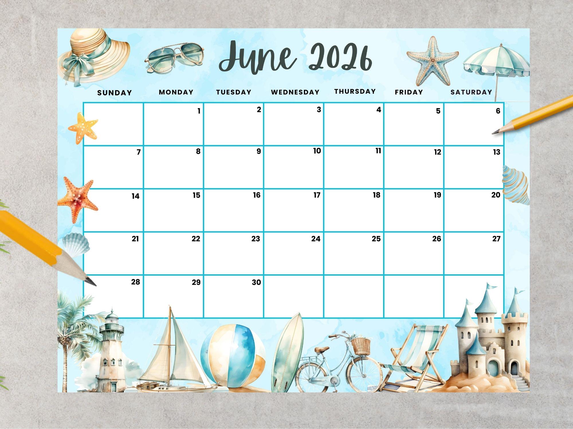 Editable June 2026 Calendar, Nautical Beach Theme Ocean Summer Planner ...