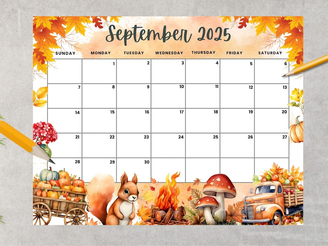 Editable September 2025 Calendar, Autumn Fall Theme Monthly Printable ...